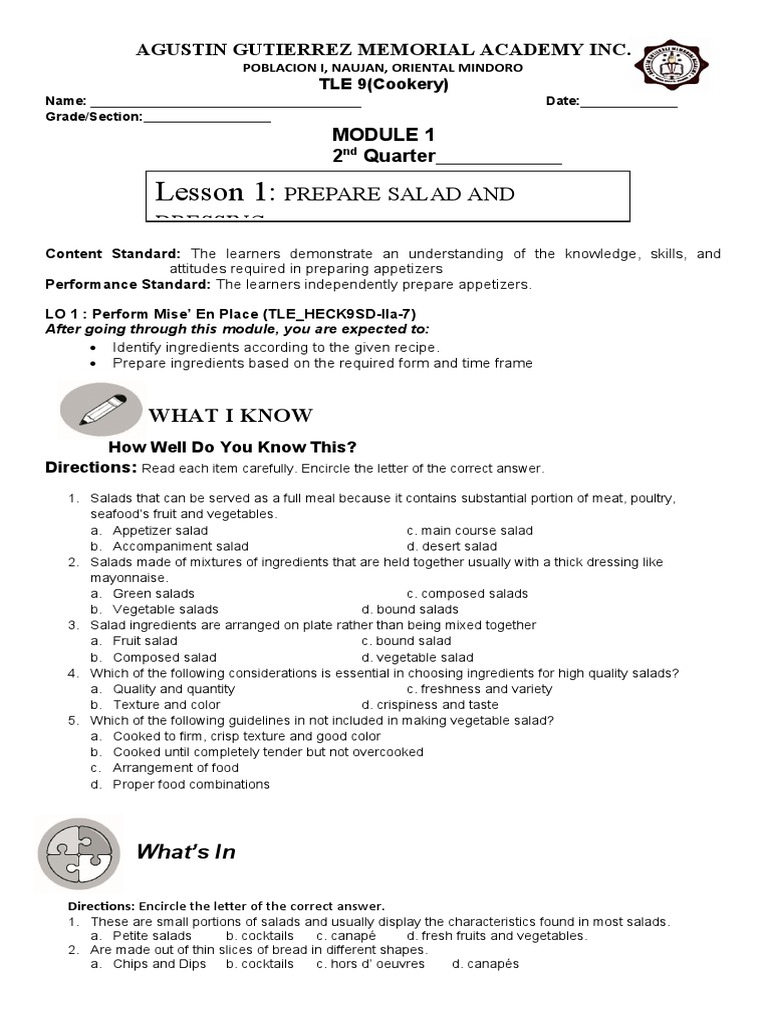TLE 9 Module 1 2nd | PDF | Salad | Hors D'oeuvre