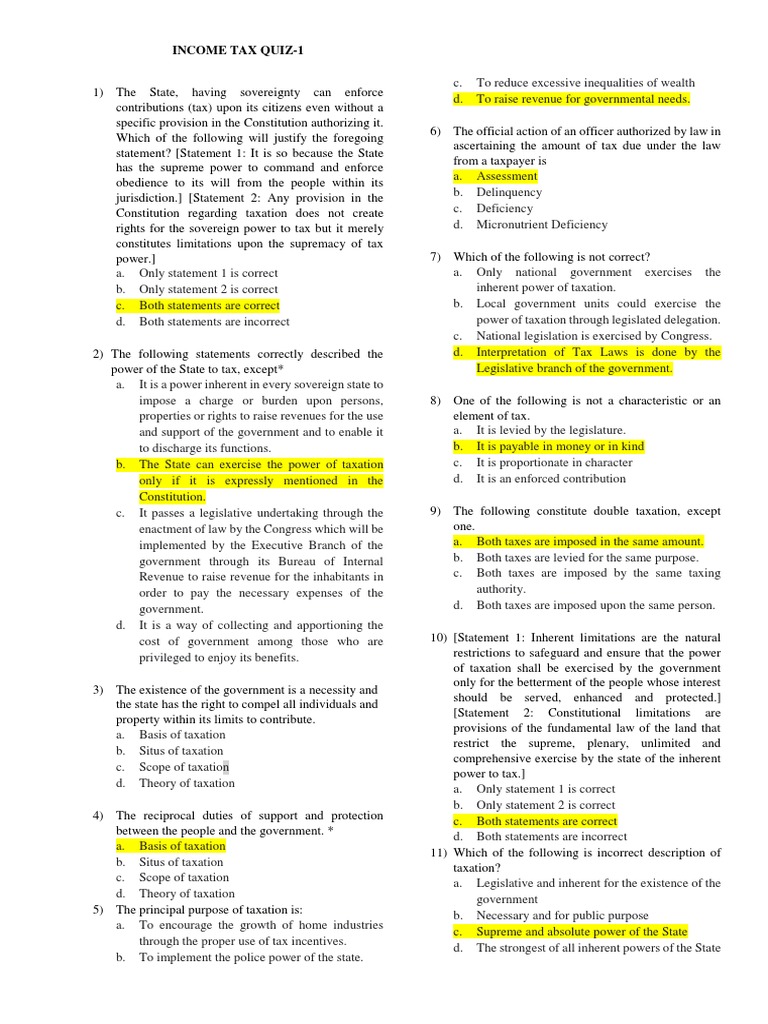 Income Tax Quiz 1 | PDF | Taxes | Income Tax