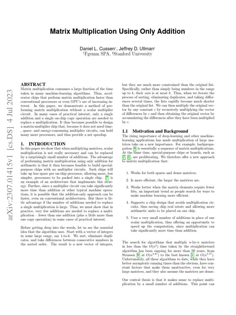 Matrix Multiplication Using Only Addition | PDF