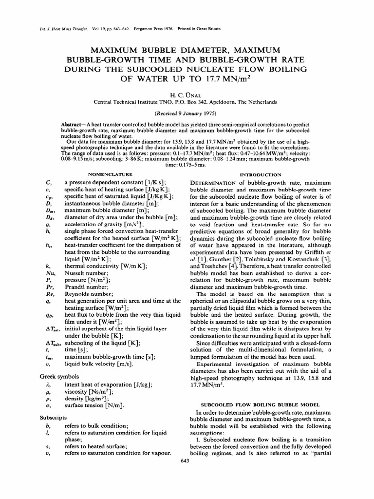 1976 - Unal Bubble Departure Diameter | PDF | Boiling | Heat Transfer