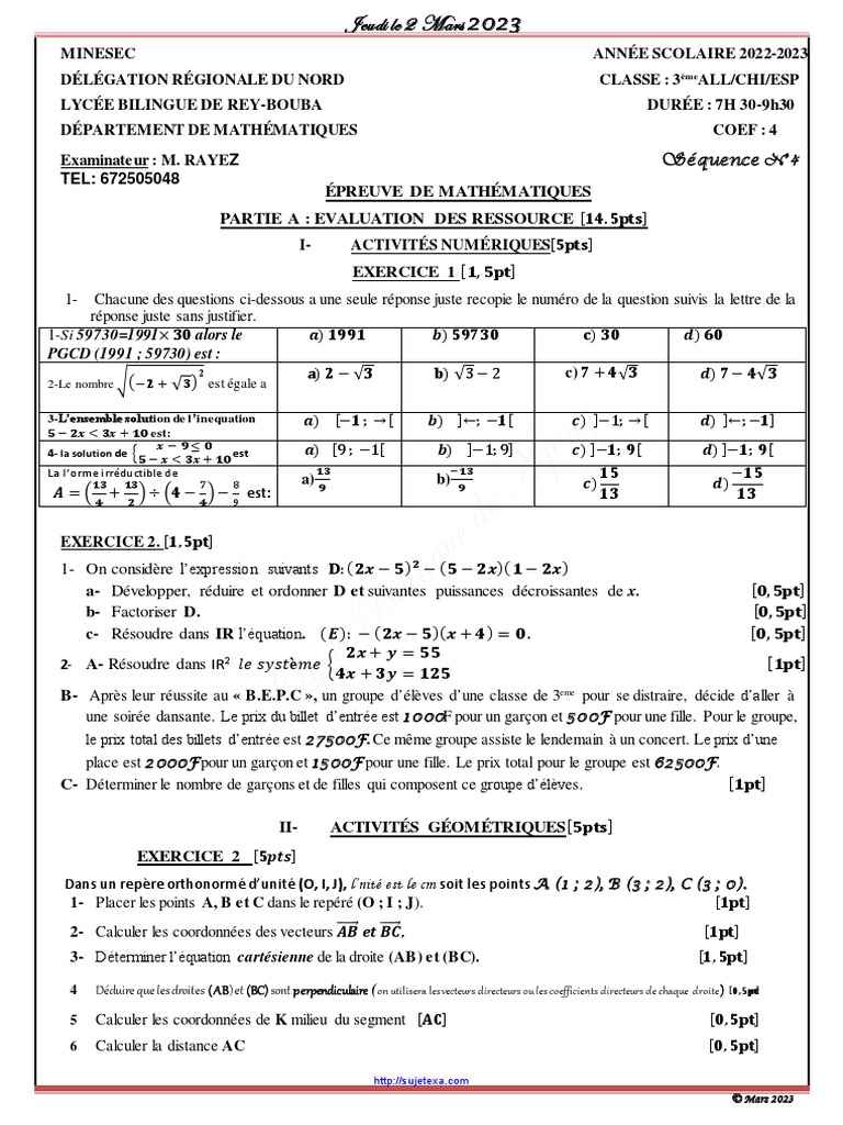 Bepc Sujet1-Mathematique | PDF