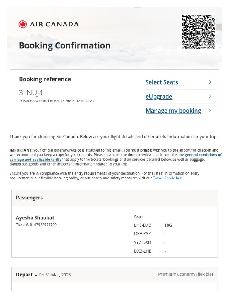 Air Canada - Booking Details | PDF | Baggage | Emirates (Airline)