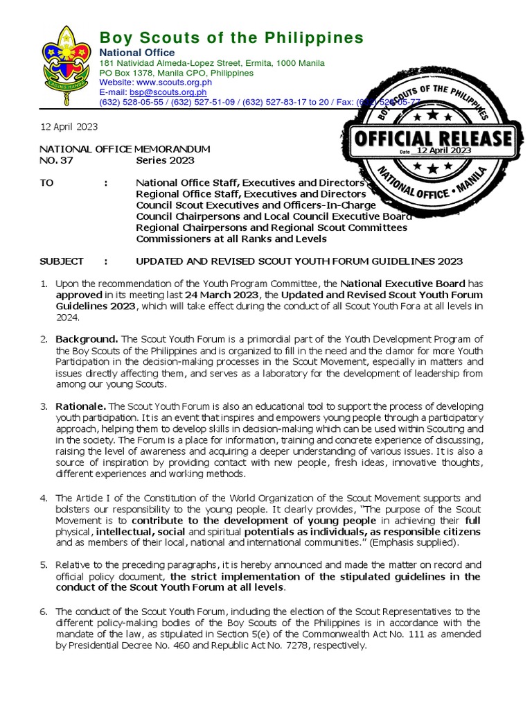 BSP NO Memorandum No.37 S. 2023 Updated and Revised Scout Youth Forum ...