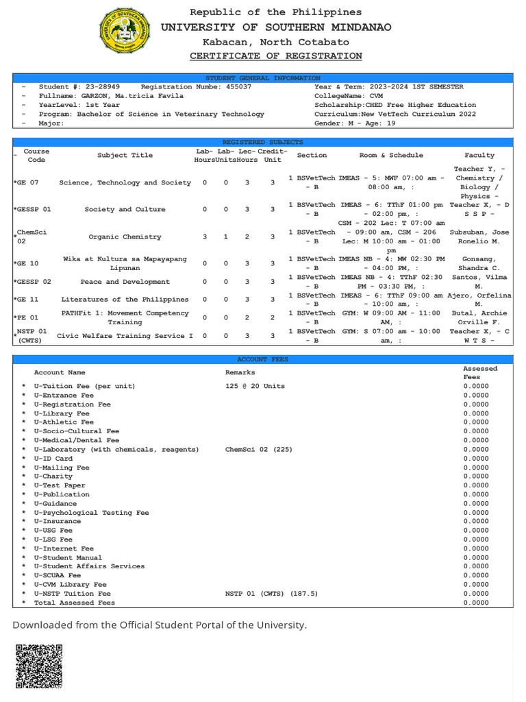 Certificate of Registration - 1st Semester | PDF
