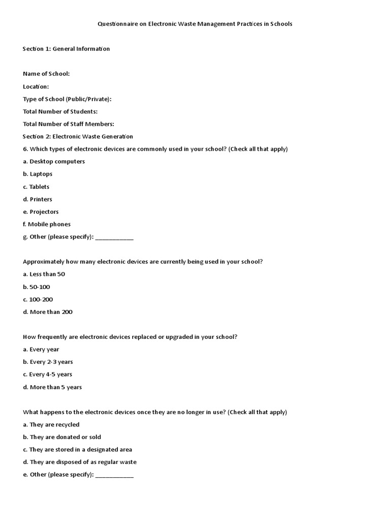 Questionnaire on Electronic Waste Management Practices in Schools | PDF ...