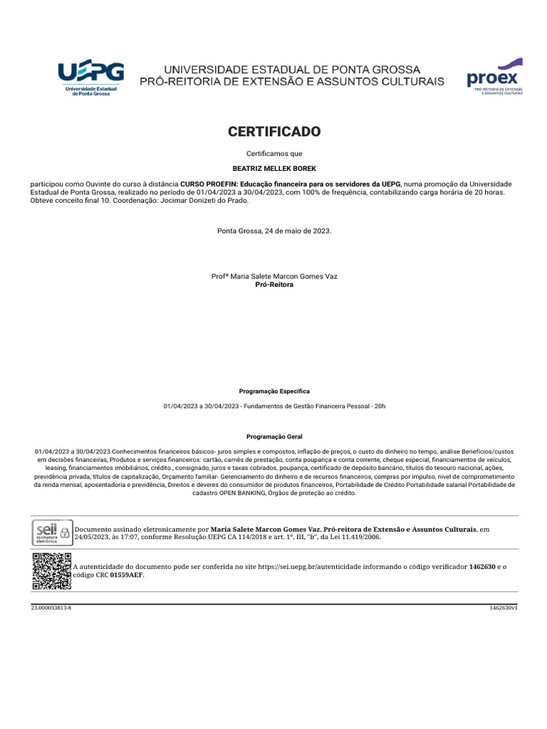 SEI - UEPG - 1462630 - Certificado Sumerio | PDF