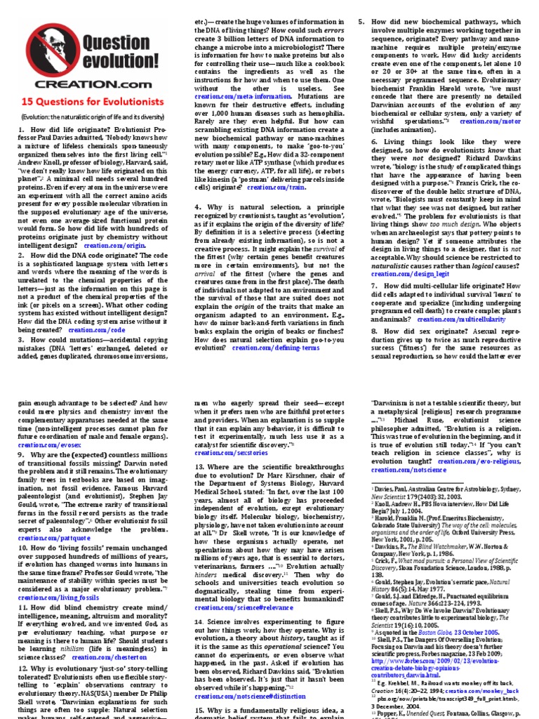 15 Questions For Evolutionists A4 | PDF | Life | Evolution