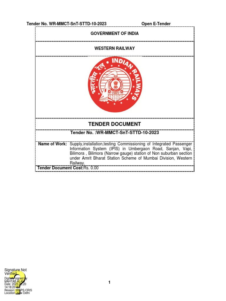 Tender Document: Tender No. Wr-Mmct-Snt-Sttd-10-2023 Open E-Tender ...