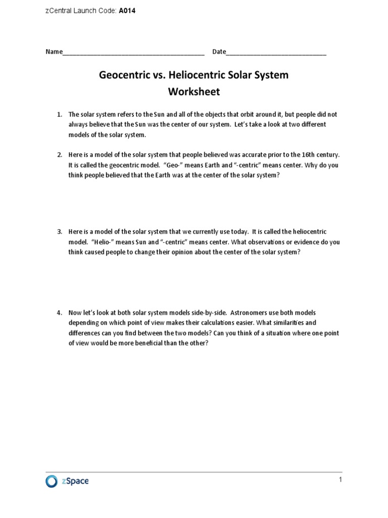 Geocentric vs. Heliocentric Solar System Question Text Worksheet | PDF