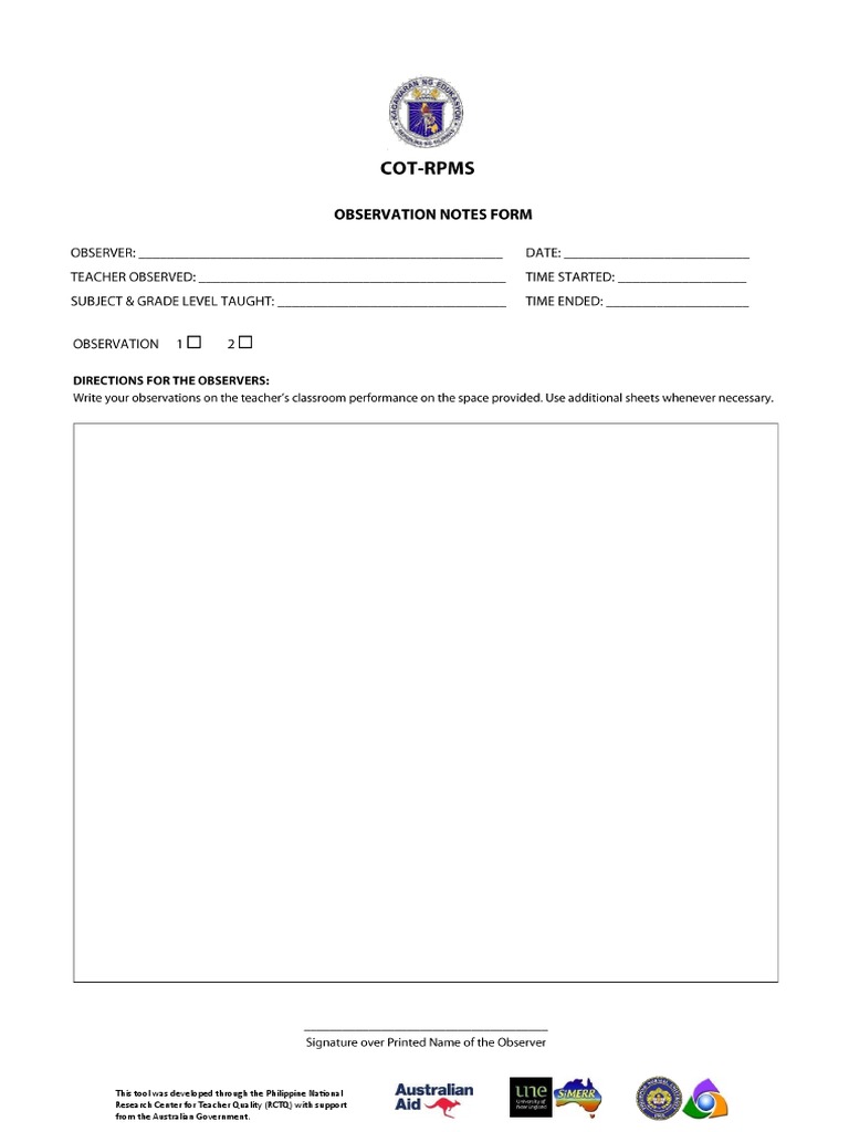 COT RPMS Observation Notes Form | PDF COT RPMS Observation Notes Form | PDF
