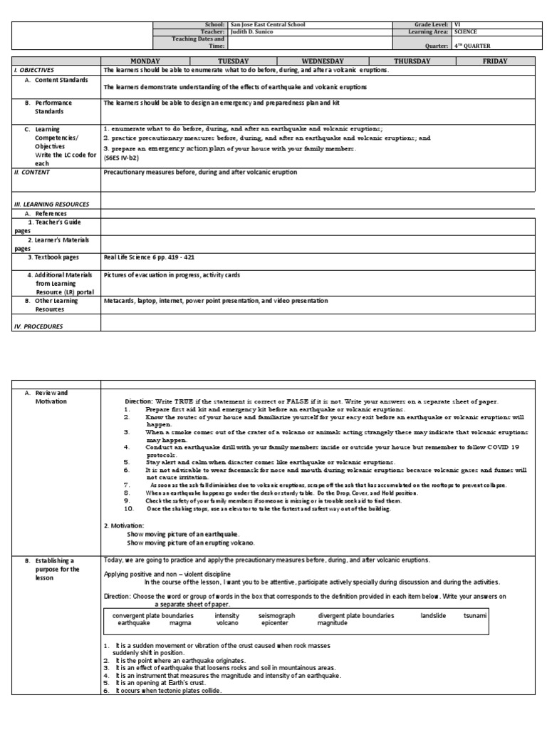 Cot DLP Science 6 Q4 Week 2 Judith D. Sunico | PDF | Earthquakes | Types Of Volcanic Eruptions