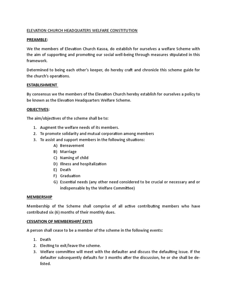 Elevation Church Welfare Constitution | PDF | Welfare | Banks