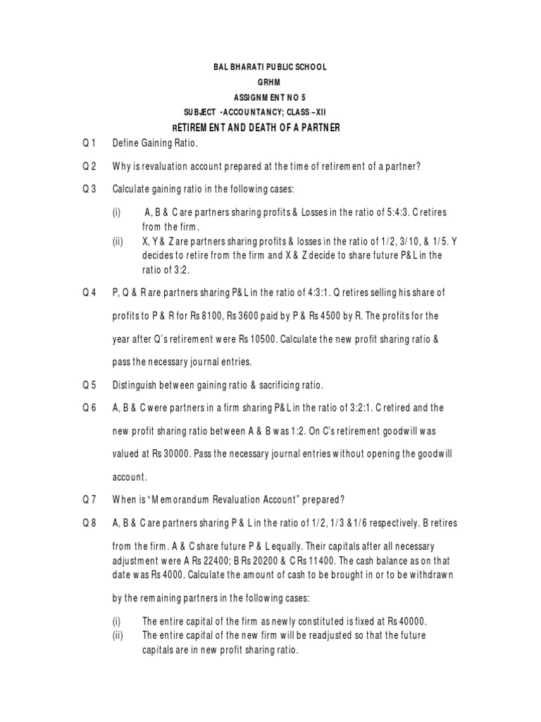 CBSE Class 12 Accountancy Retirement and Death of Partner Worksheet Set ...