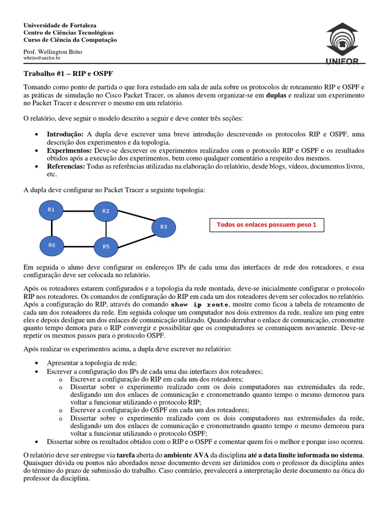 Trabalho 1 - RIP e OSPF - Lab - 22.2 | PDF | Rede de computadores | Roteador (informática)