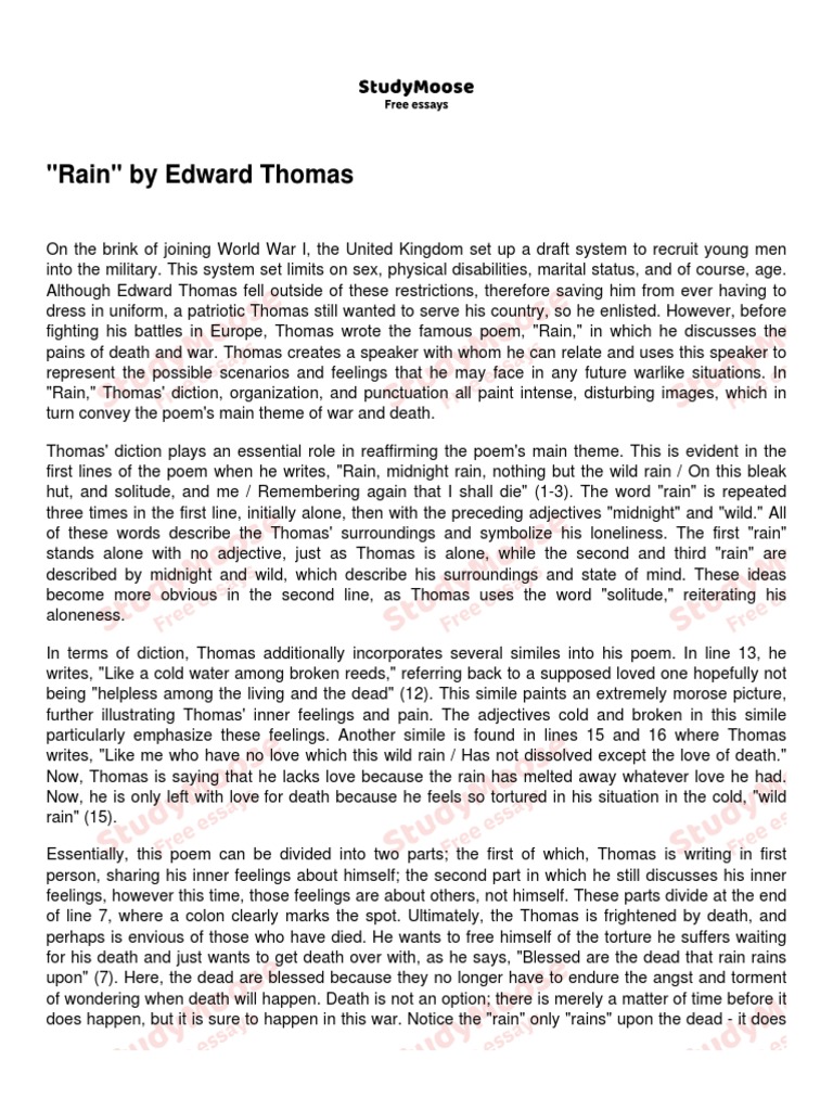Analysis of the poem Rain by Edward Thomas | PDF