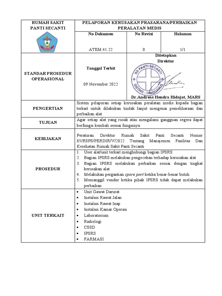 SOP Pelaporan Kerusakan Prasarana Dan Perbaikan Peralatan Medis | PDF
