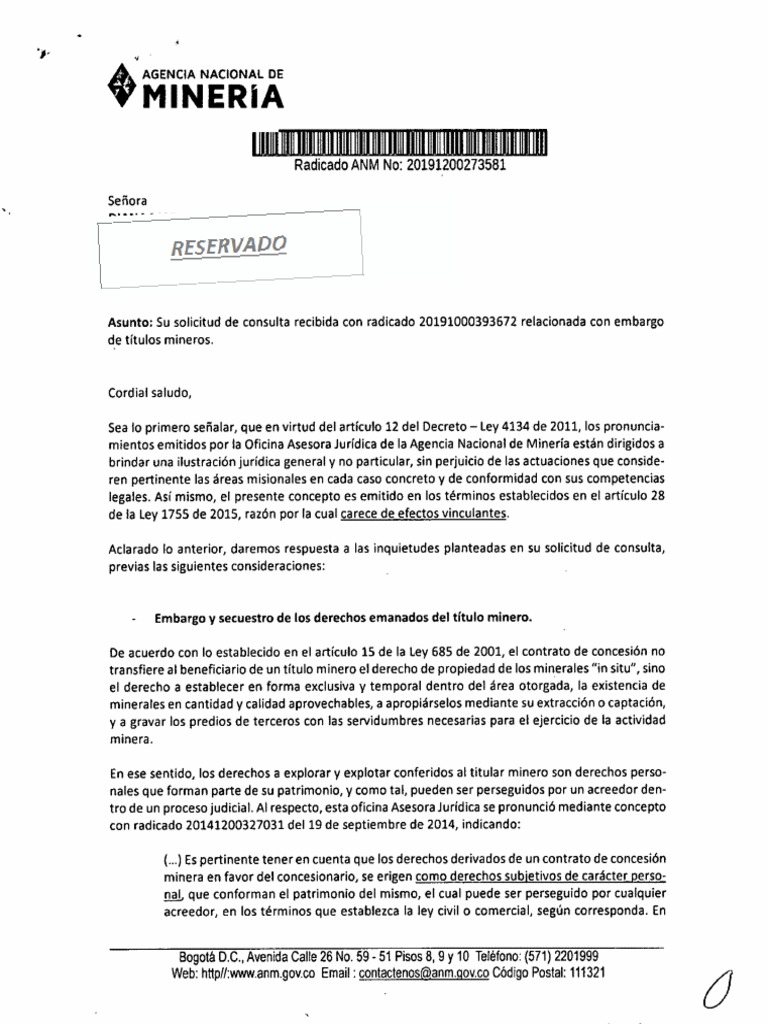 Concepto Embargo Título Minero | PDF | Bienes (Ley) | Propiedad