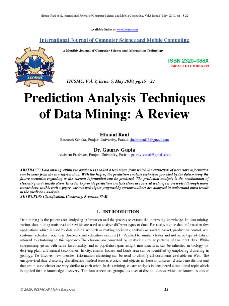 Prediction Analysis Techniques of Data M | Download Free PDF | Support Vector Machine | Cluster ...