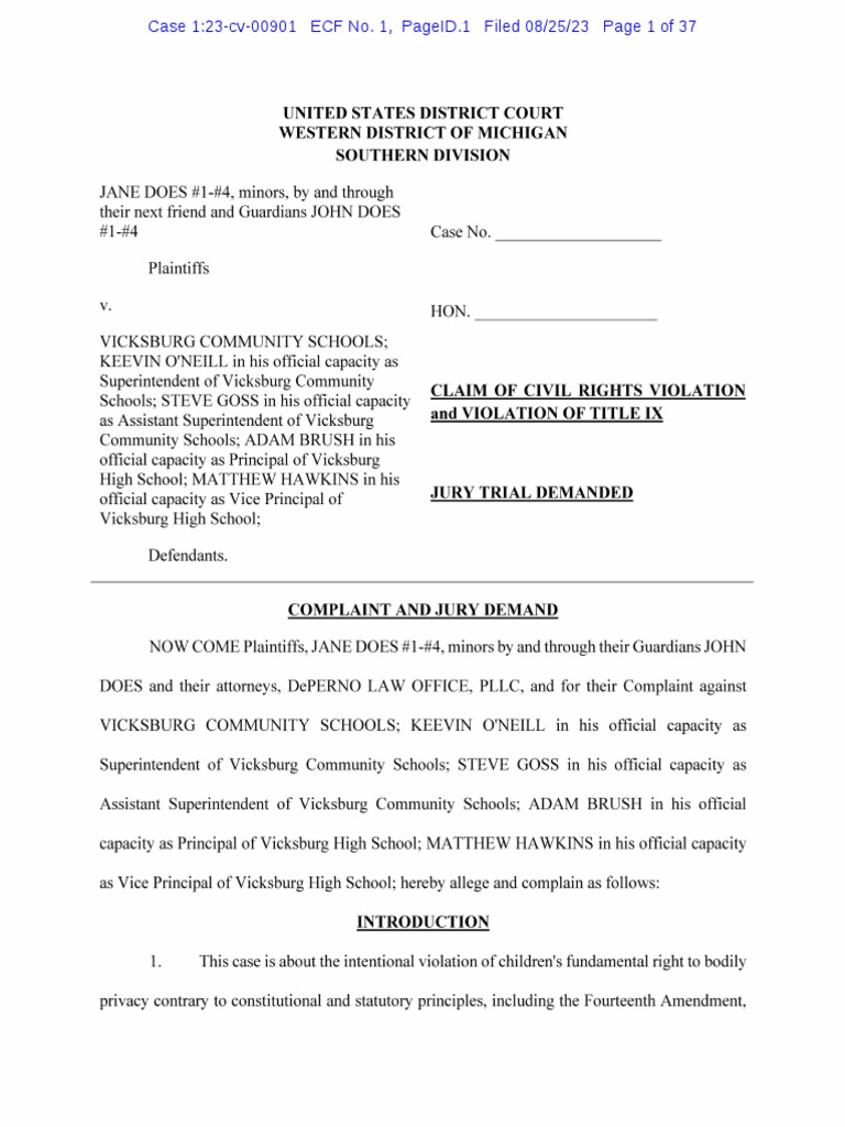 Jane Doe Vs Vicksburg Schools Filing | PDF | Supplemental Jurisdiction | Legal Remedy