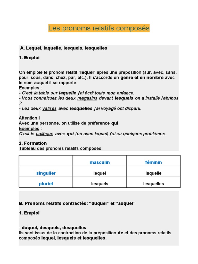 Exercices sur les pronoms relatifs composés | PDF | Études des langues ...