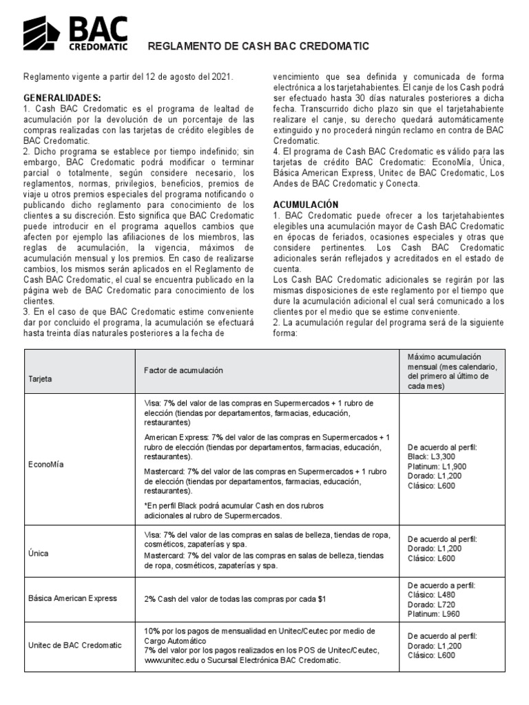 Reglamento Cash BAC Credomatic | PDF