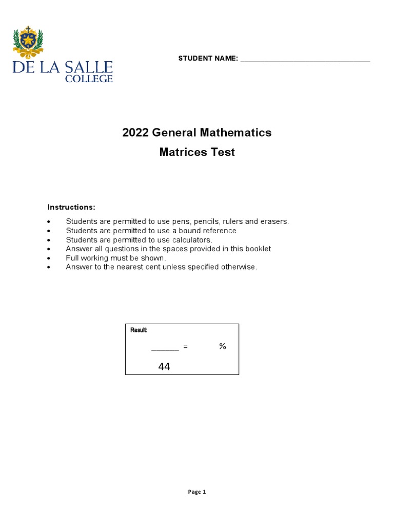 2022 General Mathematics Matrices Test | PDF