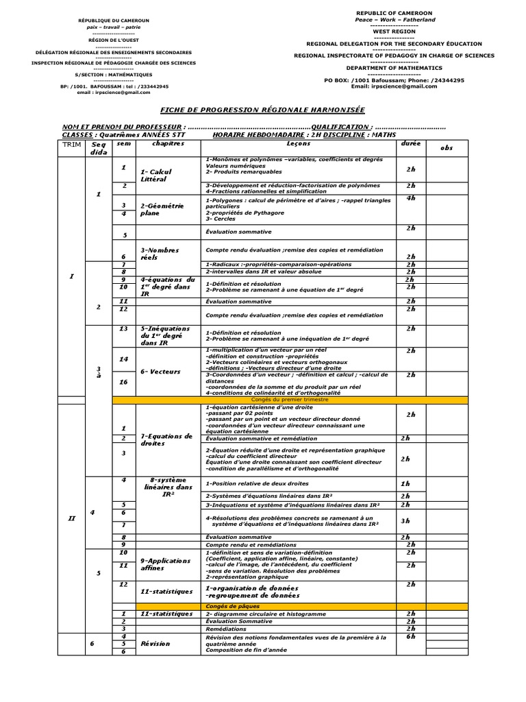 Progression Mathématiques 4ème | PDF | Droite (mathématiques) | Orthogonalité