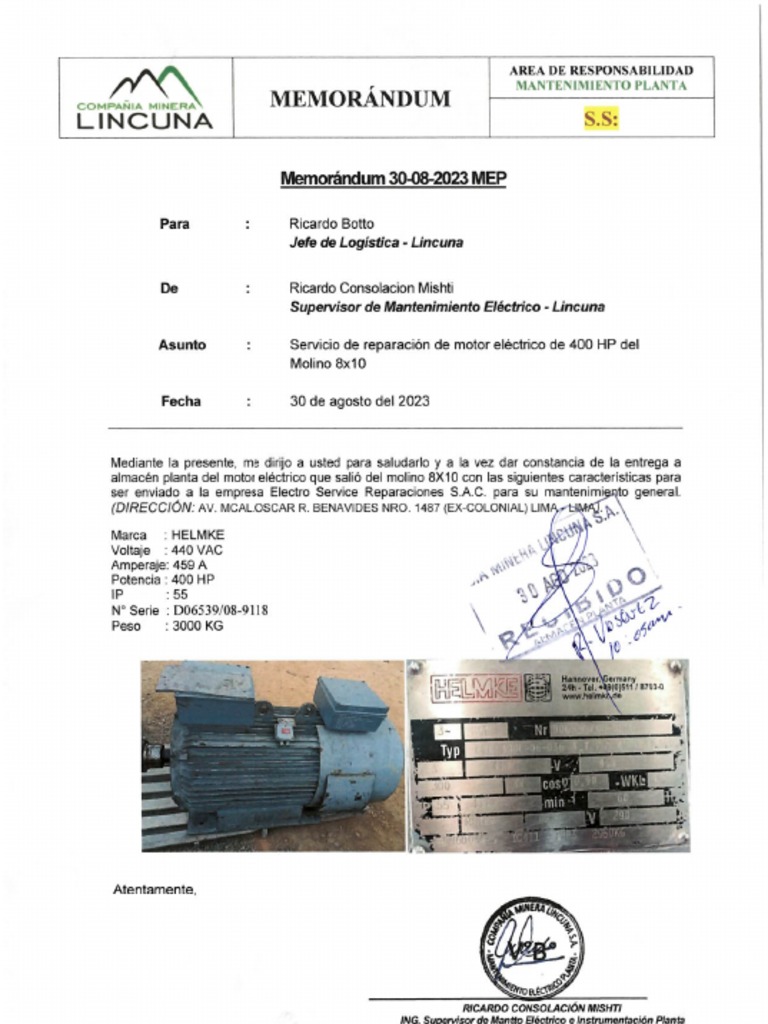 Memo (30-08-2023) Reparacion de Motor Electrico 400HP Molino 8X10 | PDF