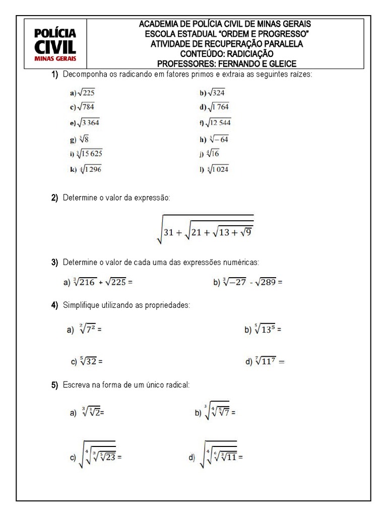 Atividade De Revisão 9 Ano RadiciaÇÃo Pdf