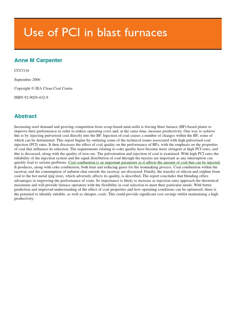 PCI in Blast Furnace | PDF | Coal | Coke (Fuel)