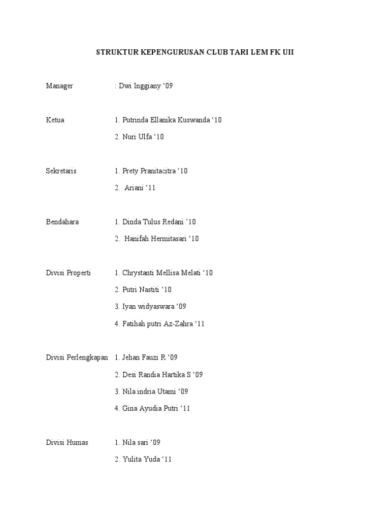 Struktur Kepengurusan Club Tari Lem FK Uii | PDF