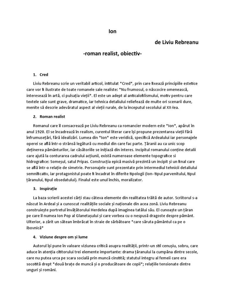 Ion de Liviu Rebreanu - Roman Realist, Obiectiv-: 1. Cred | PDF