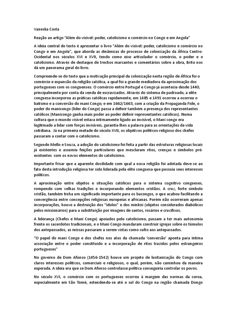Resumo Do Artigo - MELLO E SOUZA. Marina De. Além Do Visível. Poder Catolicismo e Comércio No ...