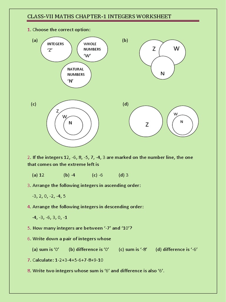 Class-Vii Maths CH-1 Integers Worksheet | PDF