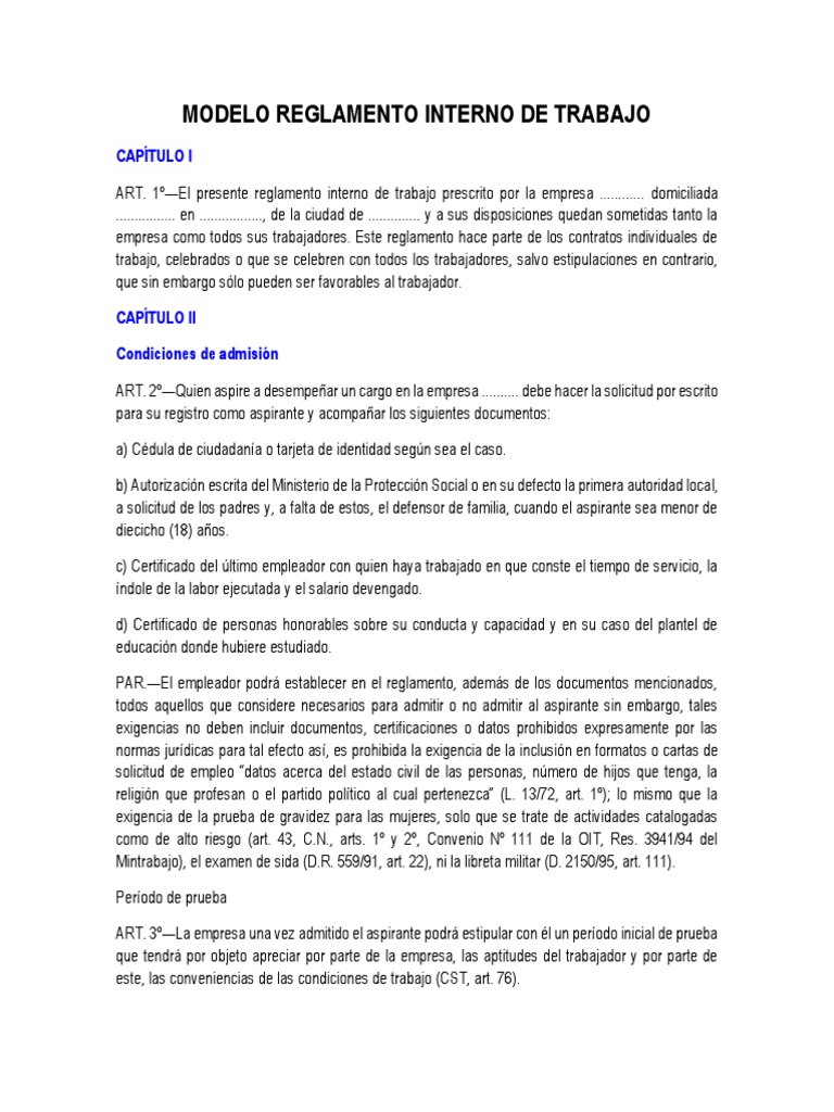 Modelo Reglamento Interno de Trabajo | PDF | Salario | Salario mínimo