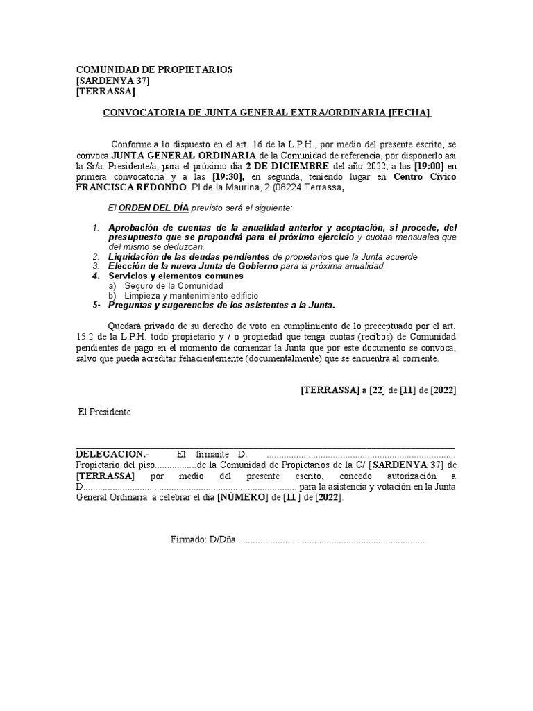 Modelo Reunion Comunidad de Vecinos 1 | PDF