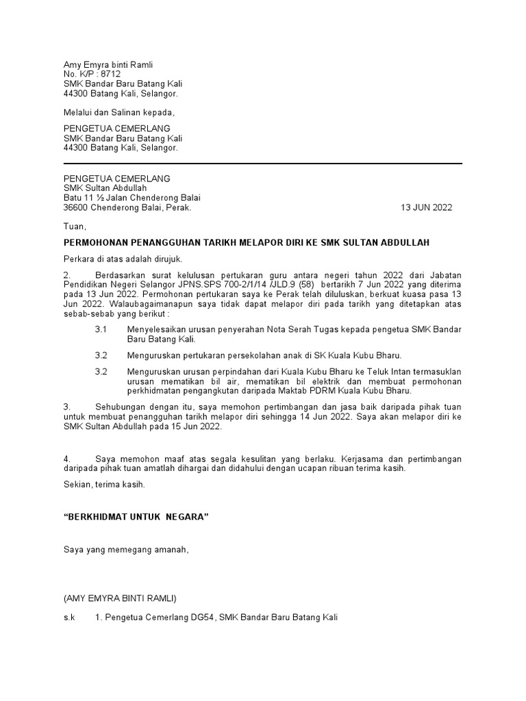 Surat Permohonan Penangguhan Lapor Diri | PDF