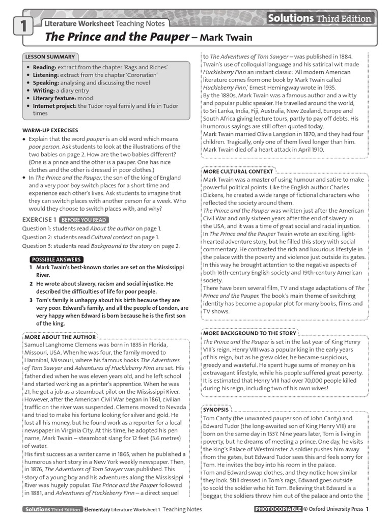 Solutions 3e Elementary Literature Worksheet Teacher ...