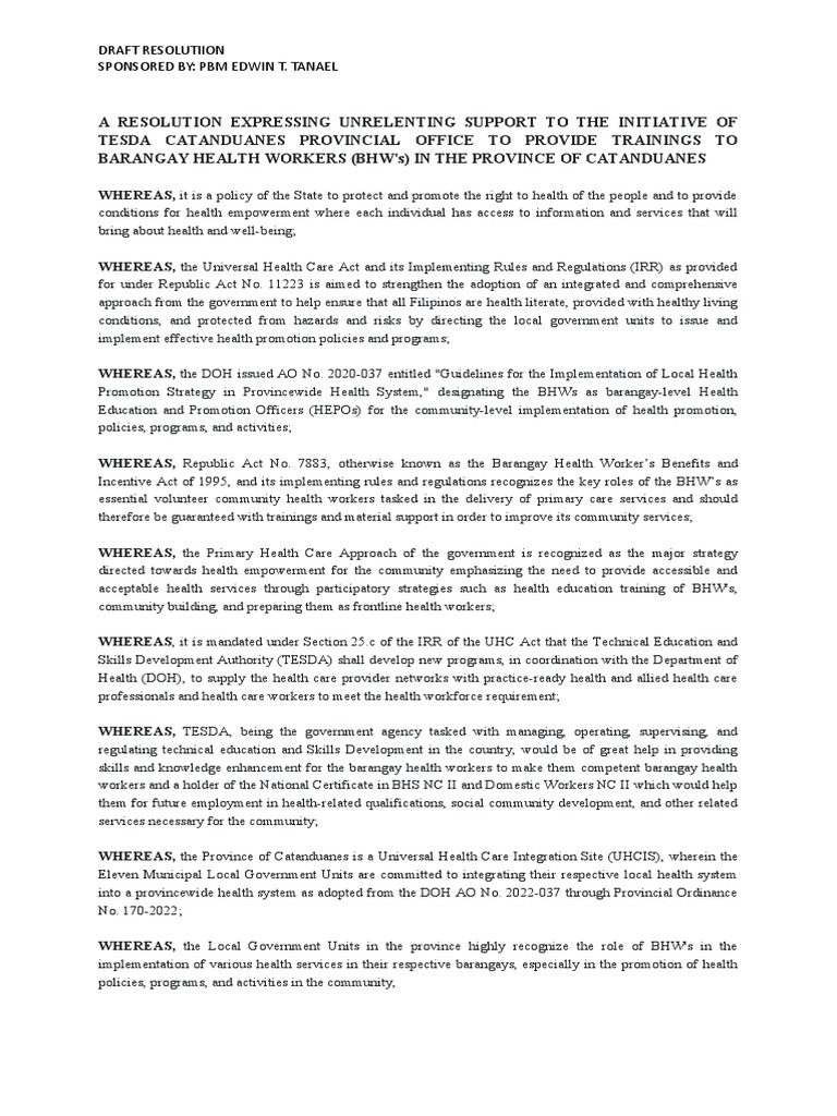 Support for BHW Training in Catanduanes | PDF | Health Promotion ...