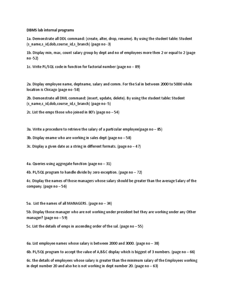 Dbms Lab Programs Pgno | PDF