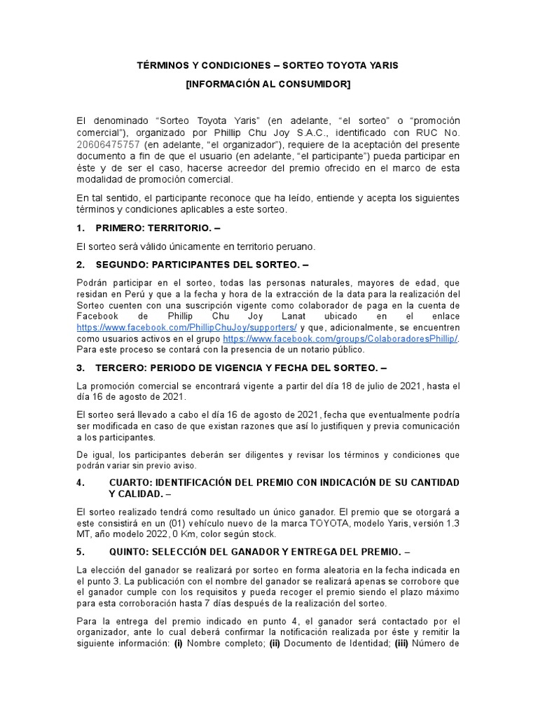 Términos y Condiciones - Sorteo Toyota Yaris | PDF