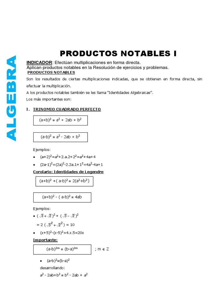 Productos Notables y Ejercicios Algebraicos | PDF | Métodos y ...