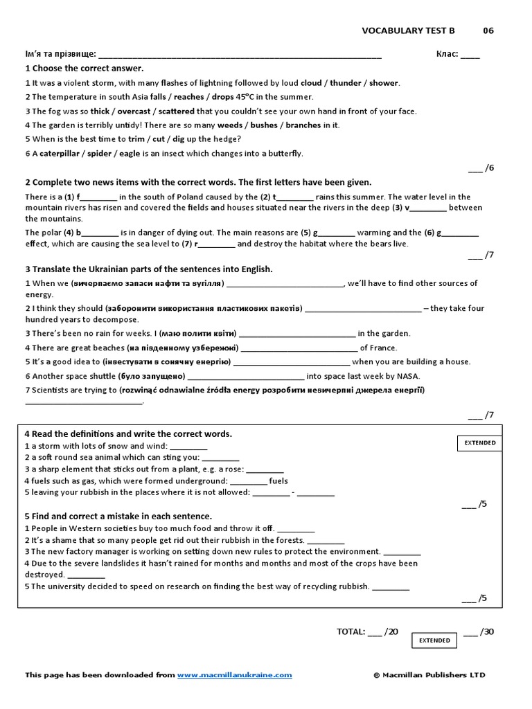 Vocabulary Test 6B | PDF | Physical Geography | Nature