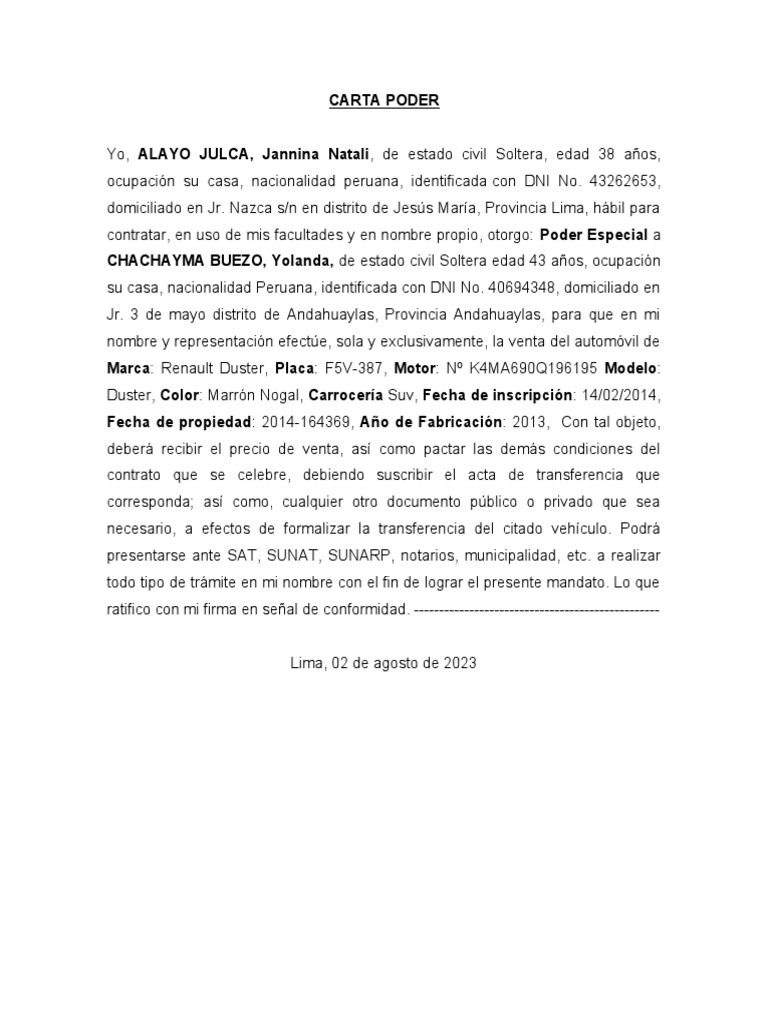 Carta Poder Venta Vehicular | PDF