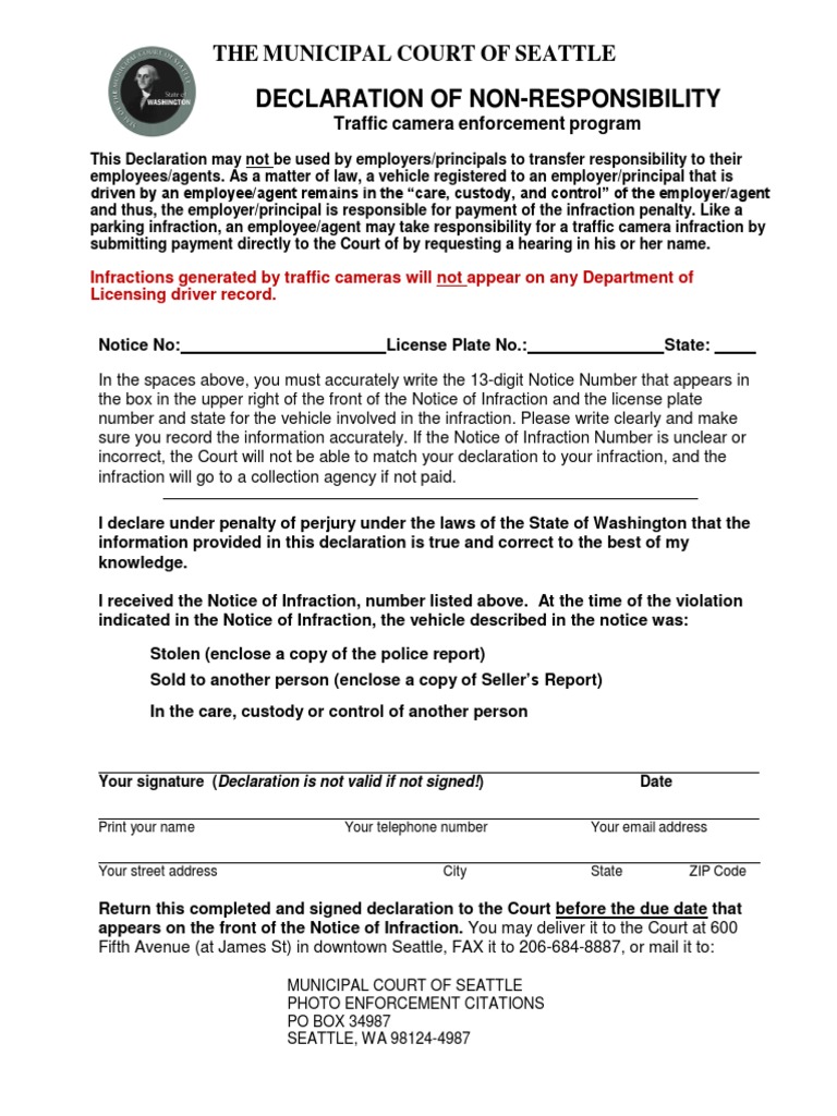 Seattle Traffic Camera Infraction Declaration | PDF | Justice | Crime ...