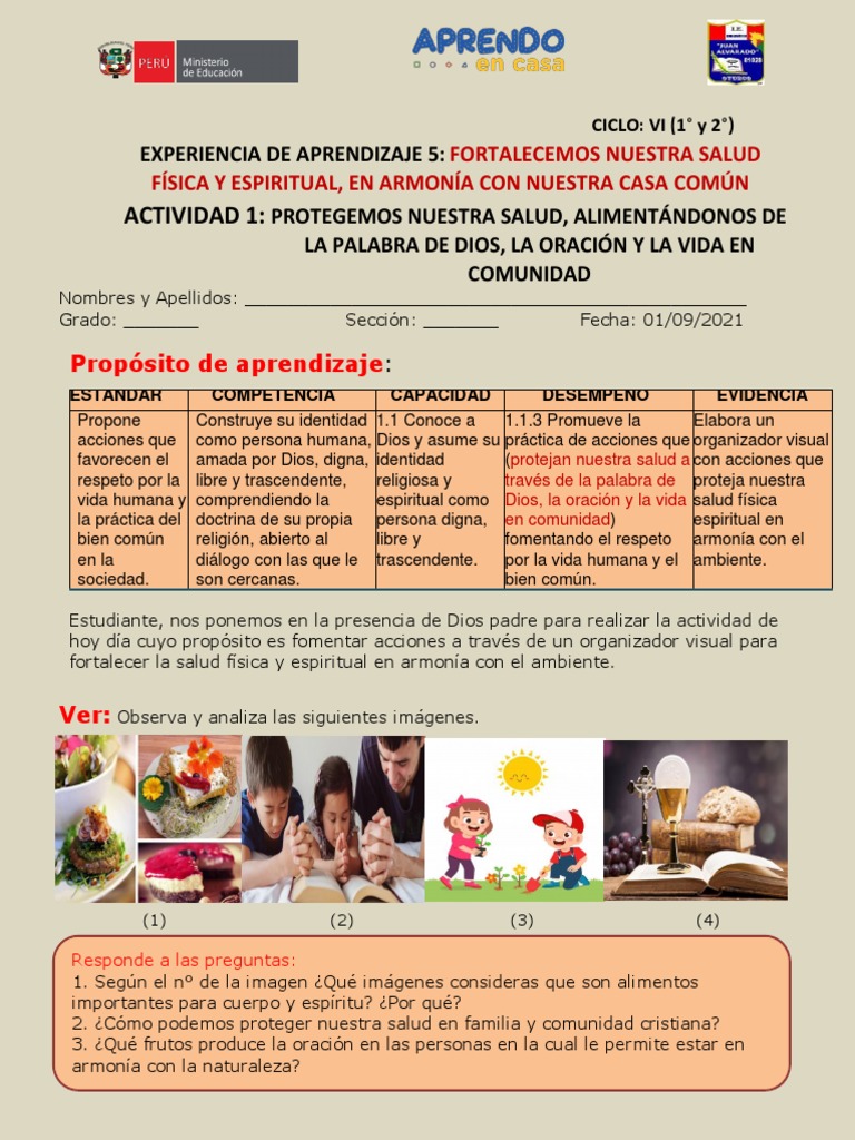 Actividad 1 Experiencia de Aprendizaje 6 Vi 2 Grado Relig | PDF | Oración
