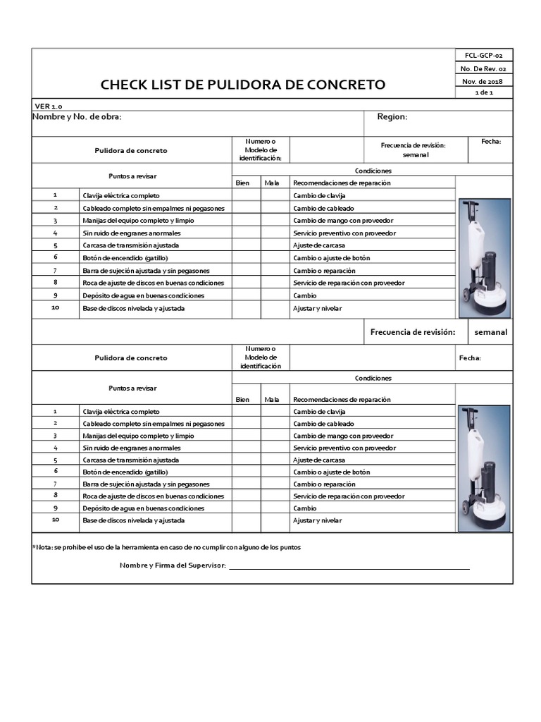 Check List Pulidora de Concreto | PDF