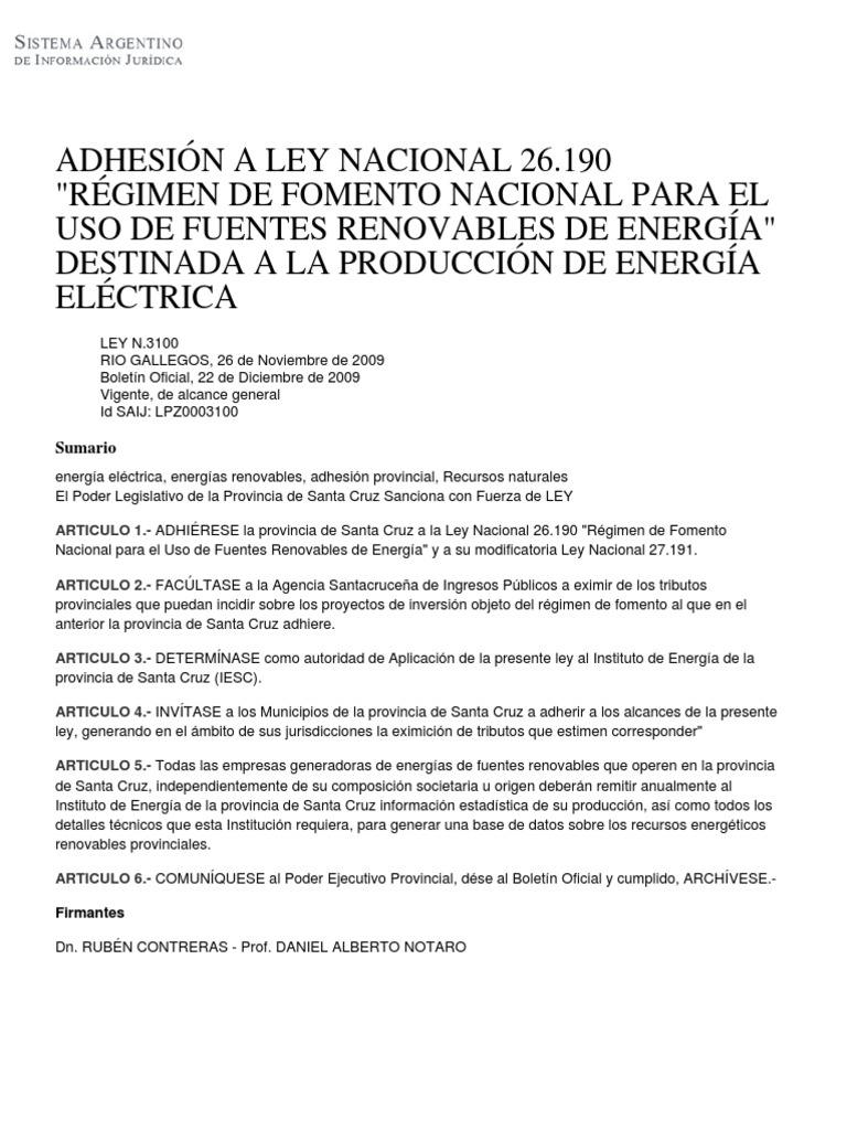 3100 Adhesión A Ley Nacional 26.190 | PDF