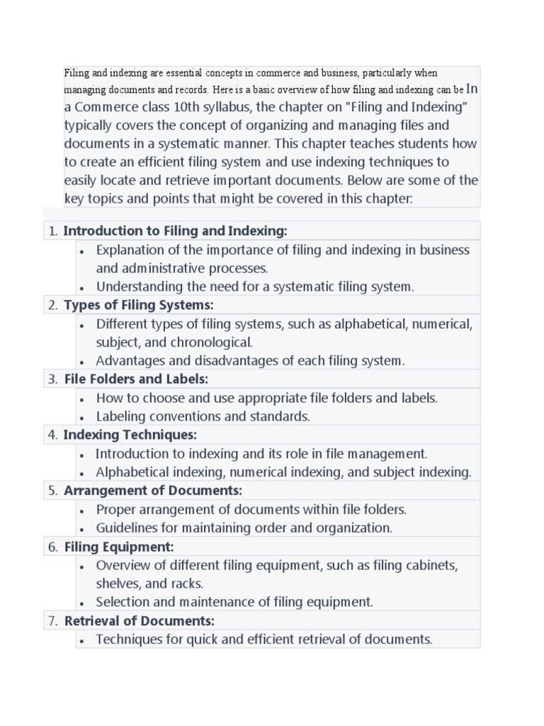 Filing and Indexing Are Essential Concepts in Commerce and Business | PDF