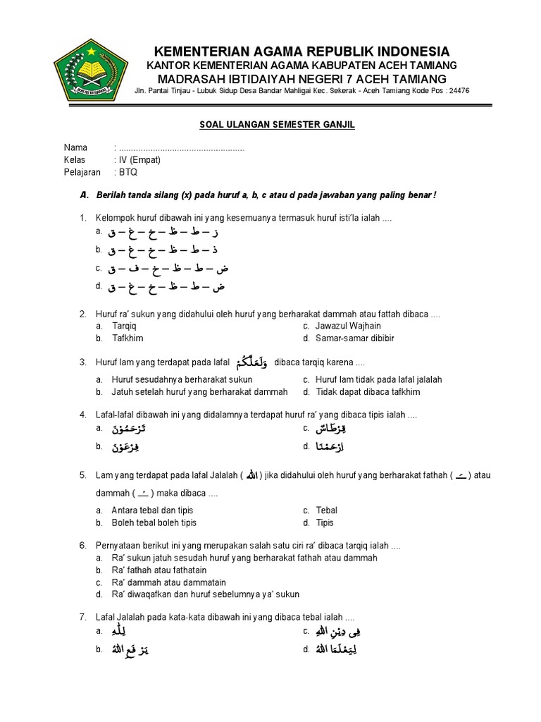 Soal Ujian Btq Kelas 4 Min 7 Atam Ganjil Novi Pdf